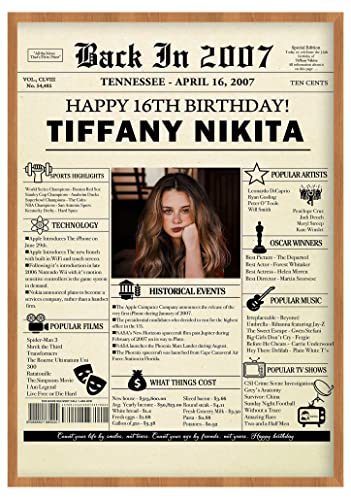16th Birthday Decorations For Women, Men, Him, Her - Custom Poster Party Decor Gifts With Personalized Birth Date, Photo - Back in Newspaper