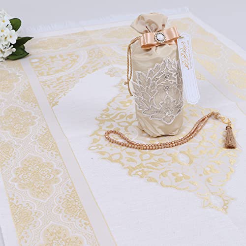 Islamic Elite Favors Personalized Muslim Lightweight Travel Prayer Rug Beads Set, Prayer Mat Tasbeeh Set, Ramadan Eid Hajj Umrah Wedding Birthday Graduation Mother's Day (Gold)