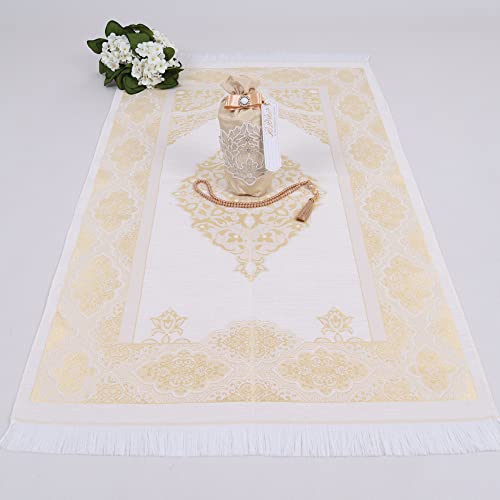 Islamic Elite Favors Personalized Muslim Lightweight Travel Prayer Rug Beads Set, Prayer Mat Tasbeeh Set, Ramadan Eid Hajj Umrah Wedding Birthday Graduation Mother's Day (Gold)
