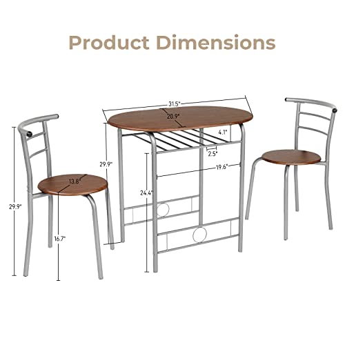 VINGLI 3 Piece Dining Set,Small Kitchen Table Set for 2,Breakfast Table Set,Kitchen Wooden Table and 2 Chairs for Small Space/Dining Room/Apartment,Metal Frame,Wine Rack,Sliver&Brown