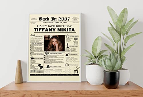 16th Birthday Decorations For Women, Men, Him, Her - Custom Poster Party Decor Gifts With Personalized Birth Date, Photo - Back in Newspaper