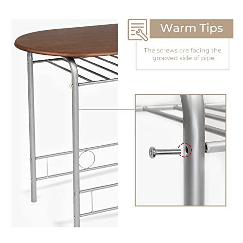 VINGLI 3 Piece Dining Set,Small Kitchen Table Set for 2,Breakfast Table Set,Kitchen Wooden Table and 2 Chairs for Small Space/Dining Room/Apartment,Metal Frame,Wine Rack,Sliver&Brown