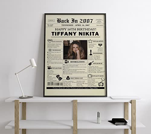 16th Birthday Decorations For Women, Men, Him, Her - Custom Poster Party Decor Gifts With Personalized Birth Date, Photo - Back in Newspaper