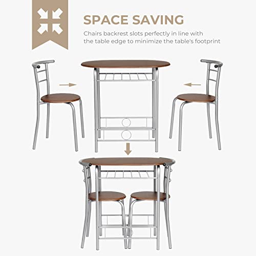 VINGLI 3 Piece Dining Set,Small Kitchen Table Set for 2,Breakfast Table Set,Kitchen Wooden Table and 2 Chairs for Small Space/Dining Room/Apartment,Metal Frame,Wine Rack,Sliver&Brown