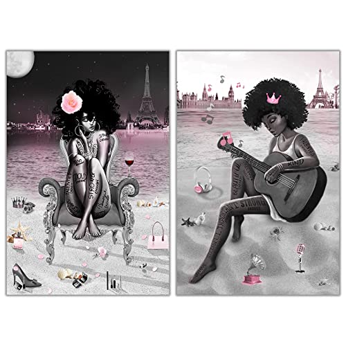 2 Pieces African American Wall Art Black Girl Fashion Posters Pink and Black Beach Eiffel Tower Painting Picture Modern Artwork for Bathroom Living Room Home Wall Decor (12x18 inch)