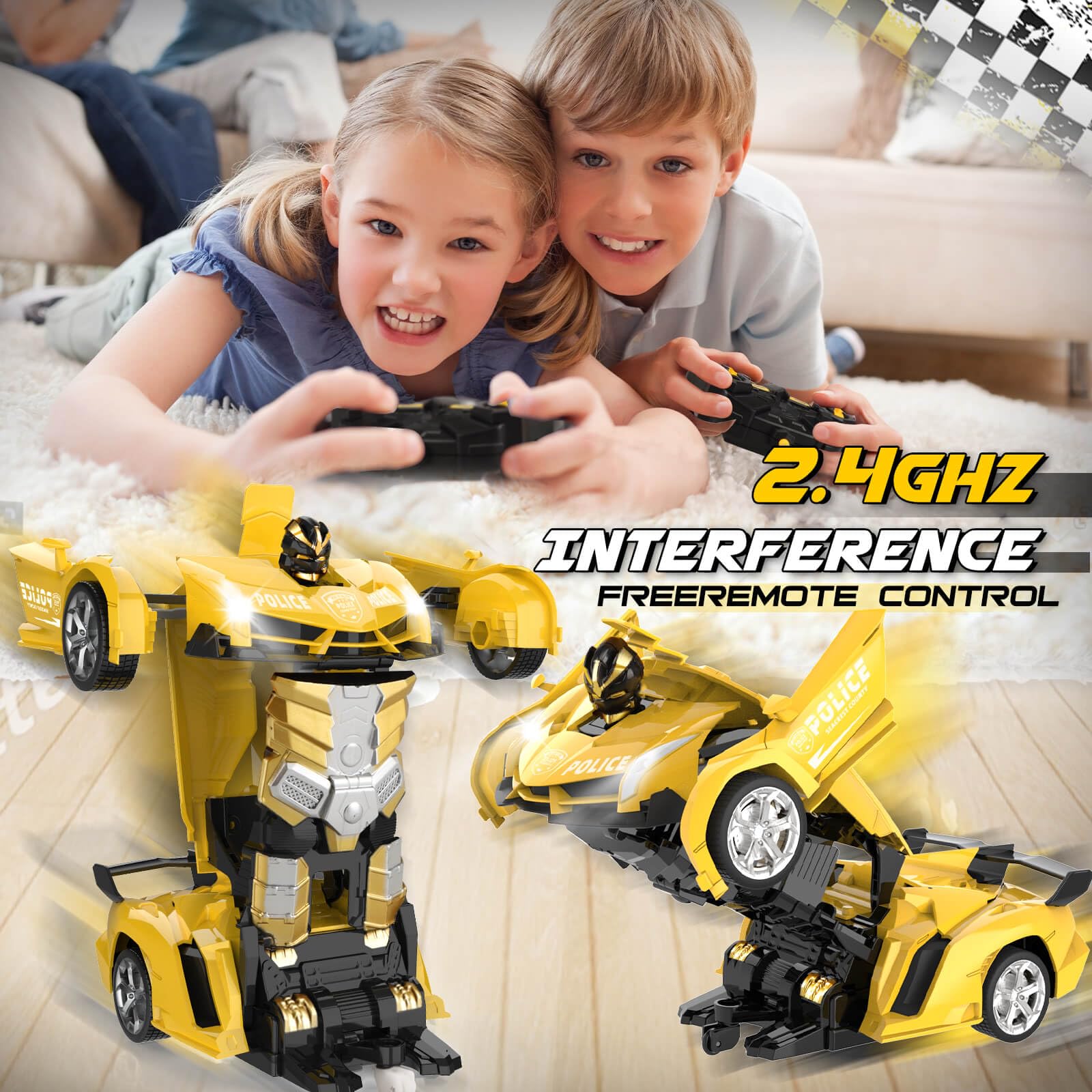 Britik Transform Remote Control Car - Rc Cars, One-Button Transforming, 360° Rotation Drifting, 2.4ghz 1:18 Scale, Gift Kids Aged 4-6 Year Old Boys/Girls, Police Car Yellow