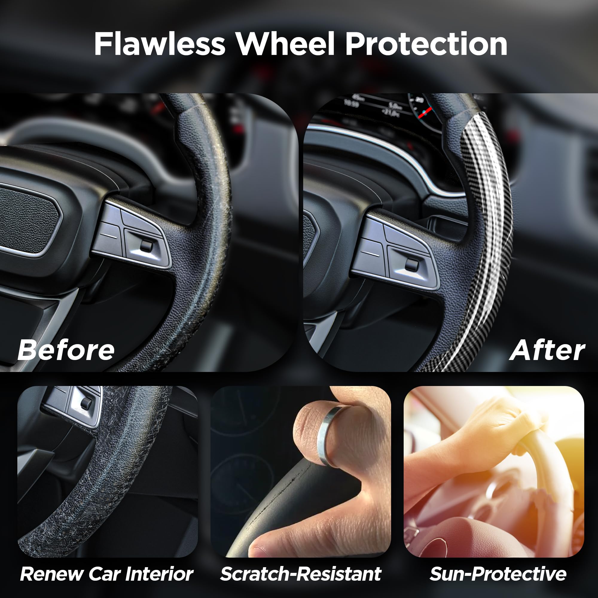 BenLoc Universal Fit Carbon Fiber Steering Wheel Cover, Hard Car Steering Wheel Cover Protector, Segmented Non-Slip Carbon Fiber Car Wheel Cover Black