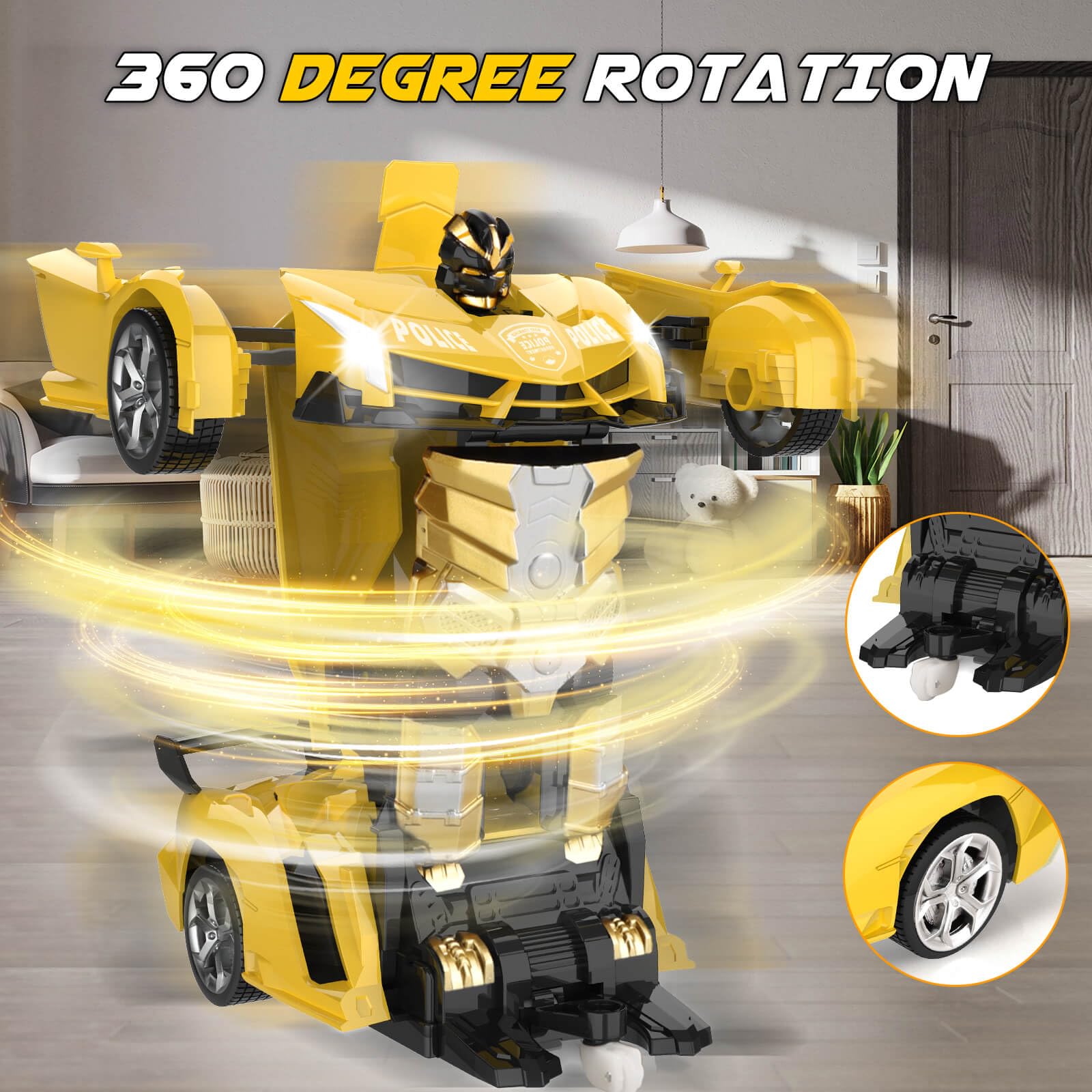 Britik Transform Remote Control Car - Rc Cars, One-Button Transforming, 360° Rotation Drifting, 2.4ghz 1:18 Scale, Gift Kids Aged 4-6 Year Old Boys/Girls, Police Car Yellow