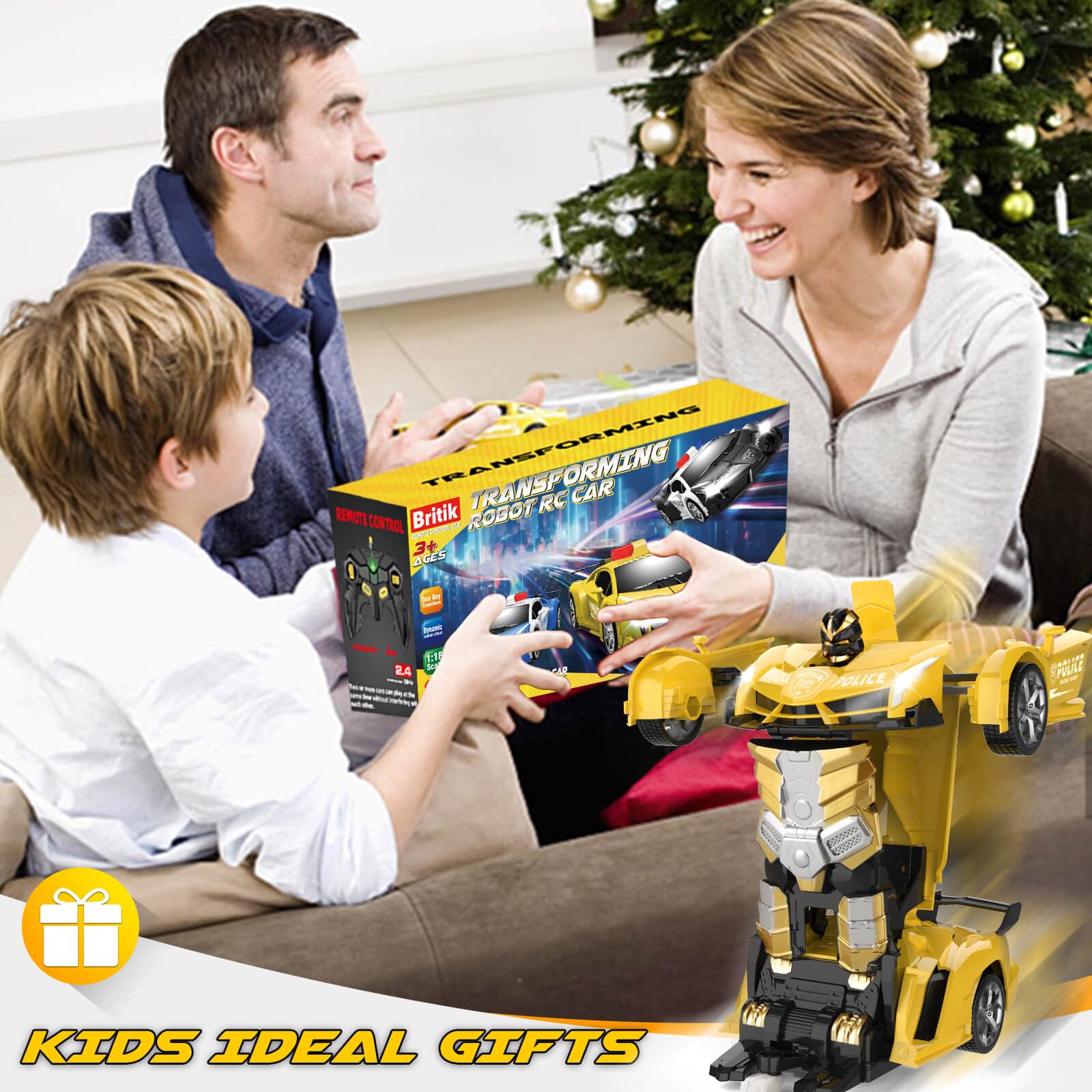 Britik Transform Remote Control Car - Rc Cars, One-Button Transforming, 360° Rotation Drifting, 2.4ghz 1:18 Scale, Gift Kids Aged 4-6 Year Old Boys/Girls, Police Car Yellow