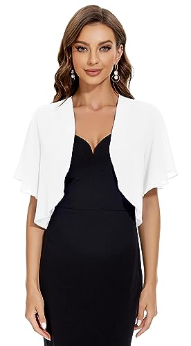 Women Soft Chiffon Shrug Sheer Ruffle Short Sleeve Cropped Bolero Cardigan for Dress(White,M)