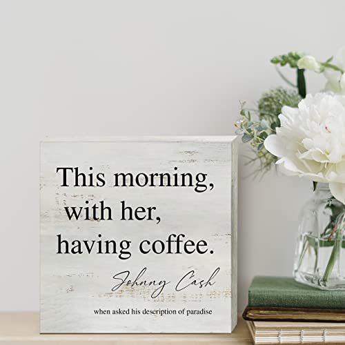 Funny Coffee Wooden Box Sign Desk Decor This morning with Her Having Coffee Wood Block Plaque Rustic Box Sign for Home Kitchen Shelf Table Decoration (5 X 5 Inch)