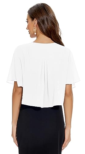 Women Soft Chiffon Shrug Sheer Ruffle Short Sleeve Cropped Bolero Cardigan for Dress(White,M)