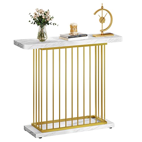 YITAHOME Gold Console Table, Modern Entryway Table with Gold Base, 40 inch Entryway Narrow Sofa Table for Entrance, Living Room, Hallway, Entryway, Faux Marble White