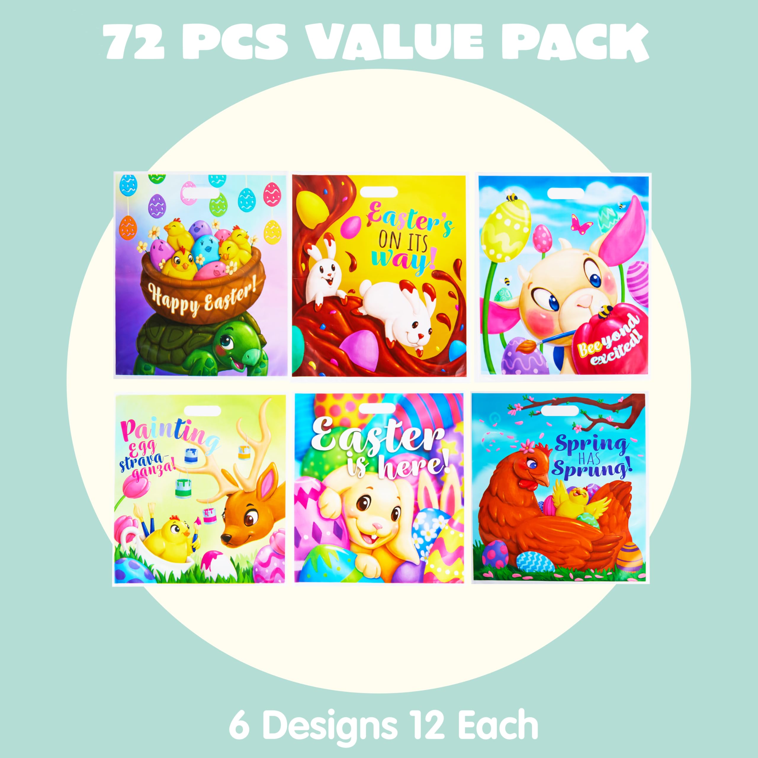 JOYIN 72 Pcs Easter Gift Bags 13" x 14.8", PE Easter Theme Gift Goodie Bags Party Treat Bags for Easter Egg Hunt, Easter Kids Party Favor Supplies