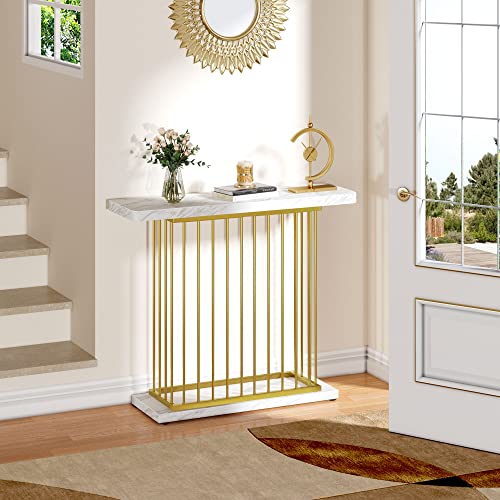 YITAHOME Gold Console Table, Modern Entryway Table with Gold Base, 40 inch Entryway Narrow Sofa Table for Entrance, Living Room, Hallway, Entryway, Faux Marble White
