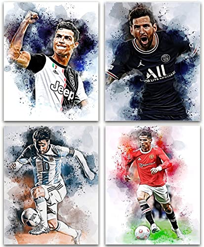Cristiano Ronaldo and Lionel Messi Wall Art Posters, Watercolor Soccer Superstar Canvas Posters, Inspirational Football Sports Art Prints for Office Living Room Home Decor, Set of 4 (8"x10" Unframed)