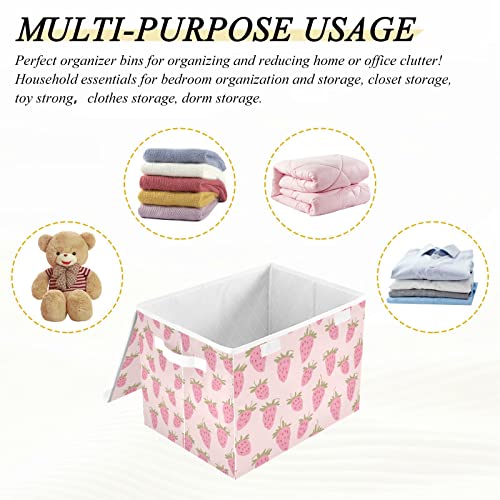 Kigai Pink Strawberry Storage Baskets for Shelves Foldable Closet Basket Storage Bins with Lid for Clothes Home Office Toys Organizers