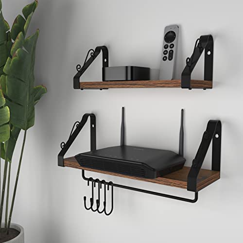 Ditwis Wall Shelves Set of 4, Rustic Storage Wood Floating Shelves with Towel Bar and Removable Hooks for Bathroom,