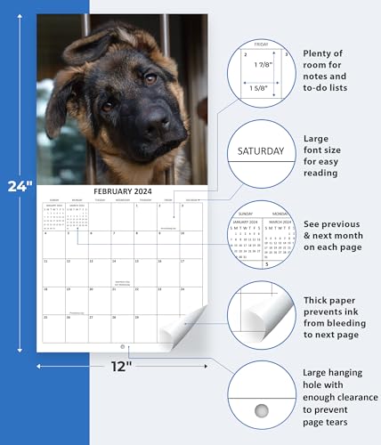 DOGS Monthly Wall Calendar | 12" x 24" | Thick Sturdy Paper | Dog Calendar 2024-2025 (Shepherds)