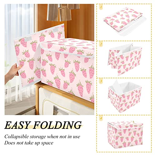 Kigai Pink Strawberry Storage Baskets for Shelves Foldable Closet Basket Storage Bins with Lid for Clothes Home Office Toys Organizers