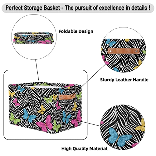 Large Collapsible Storage Bins ,Butterfly Zebra Pattern Decorative Canvas Fabric Storage Boxes Organizer with Handles,Rectangular Baskets Bin for Home Shelves Closet Nursery Gifts