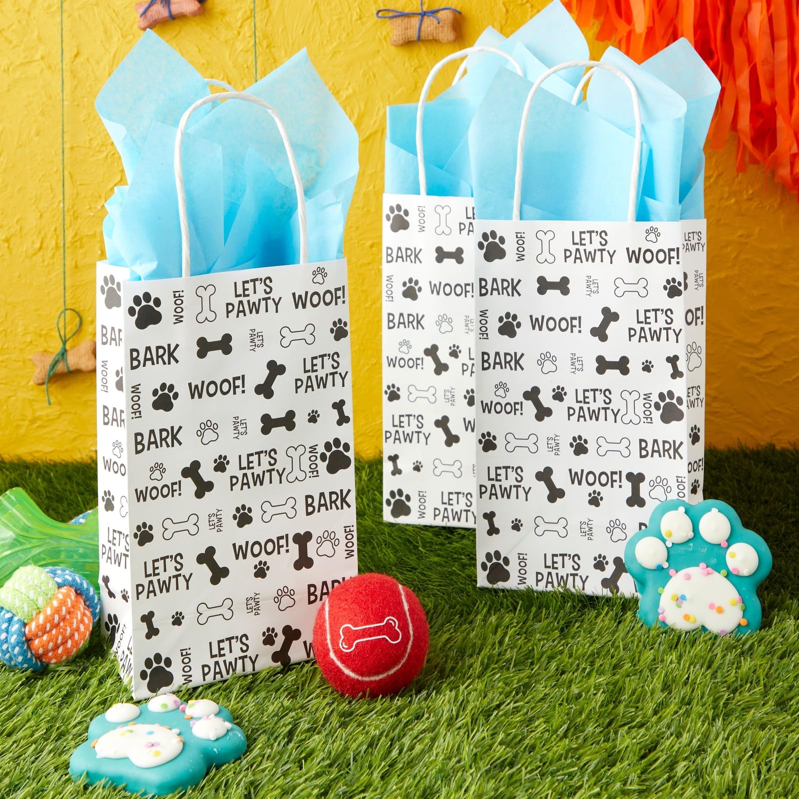 BLUE PANDA Dog Gift Bags with Handles, Lets Pawty, Woof, Bark (13.2 In, 24 Pack)