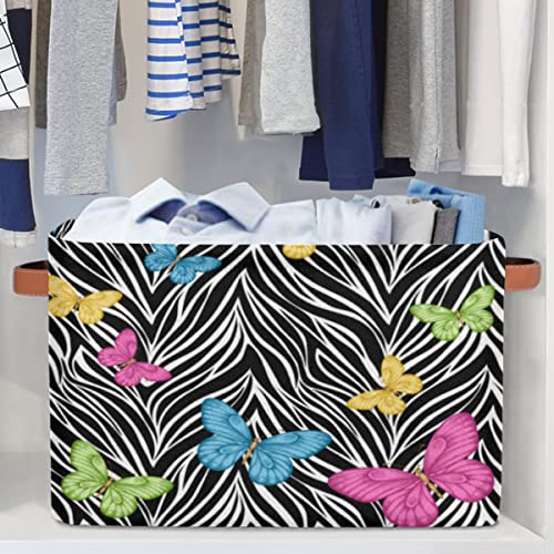 Large Collapsible Storage Bins ,Butterfly Zebra Pattern Decorative Canvas Fabric Storage Boxes Organizer with Handles,Rectangular Baskets Bin for Home Shelves Closet Nursery Gifts