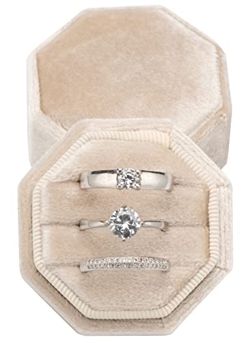 Equal Octagon Velvet Ring Box Storage 3 Slots for Wedding Ceremony Proposal Engagement Birthday Gift (Beige)