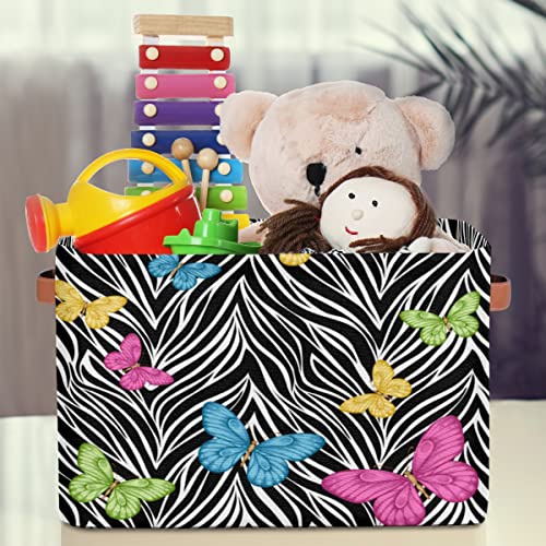Large Collapsible Storage Bins ,Butterfly Zebra Pattern Decorative Canvas Fabric Storage Boxes Organizer with Handles,Rectangular Baskets Bin for Home Shelves Closet Nursery Gifts