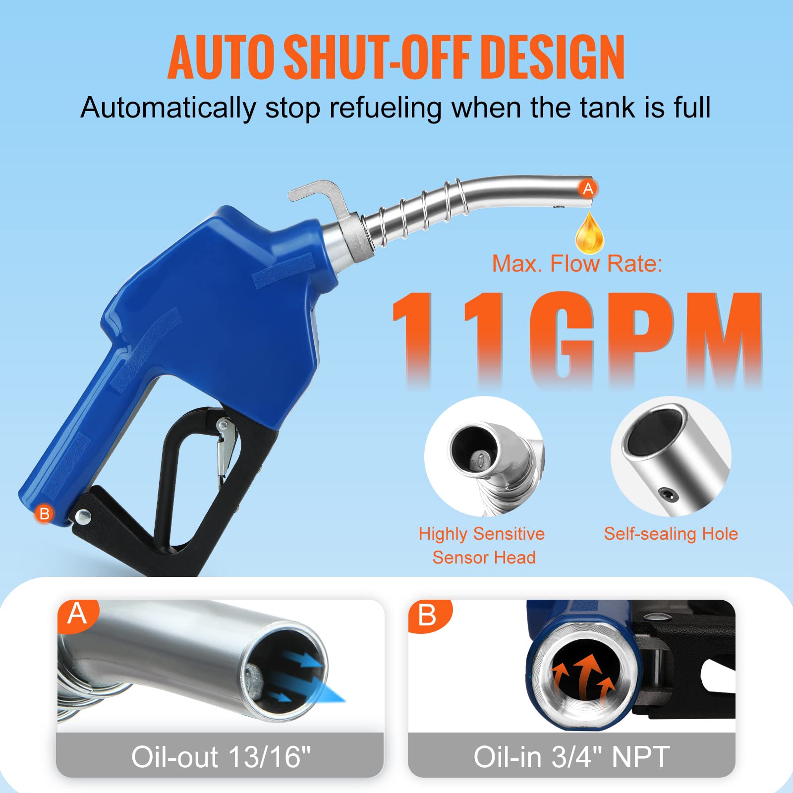 VEVOR Automatic Fuel Nozzle, 3/4' NPT Inlet Thread & 13/16' Spout, 11 GPM Max Flow Rate, Auto Shut Off, Aluminum & PVC Gas Pump Handle with 360° Swivel for Gasoline Diesel Kerosene Biodiesel, Blue,