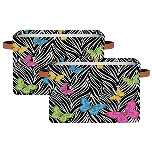 Large Collapsible Storage Bins ,Butterfly Zebra Pattern Decorative Canvas Fabric Storage Boxes Organizer with Handles,Rectangular Baskets Bin for Home Shelves Closet Nursery Gifts