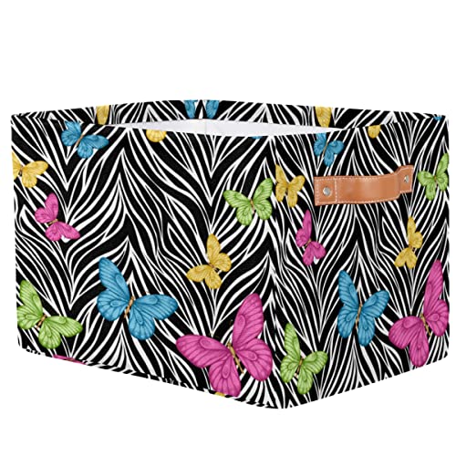 Large Collapsible Storage Bins ,Butterfly Zebra Pattern Decorative Canvas Fabric Storage Boxes Organizer with Handles,Rectangular Baskets Bin for Home Shelves Closet Nursery Gifts