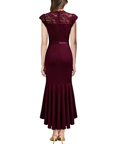 Miusol Women's Retro Floral Lace Ruffle Style Bridesmaid Party Maxi Dress (Medium, Burgundy)