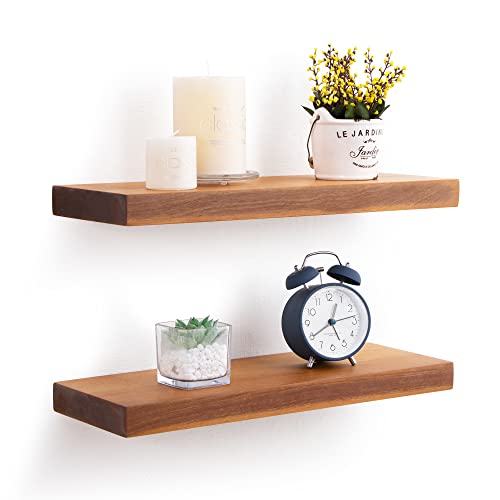 Fun Memories Floating Shelves 16 Inch Long Wall Mounted, Rustic Farmhouse Wooden Wall Shelf Set of 2, Solid Acacia Wood Floating Shelf for Bathroom, Kitchen, Living Room
