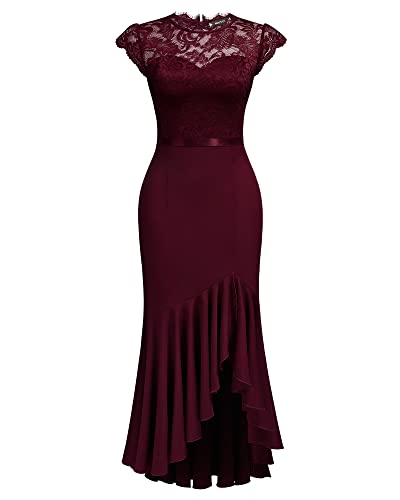 Miusol Women's Retro Floral Lace Ruffle Style Bridesmaid Party Maxi Dress (Medium, Burgundy)