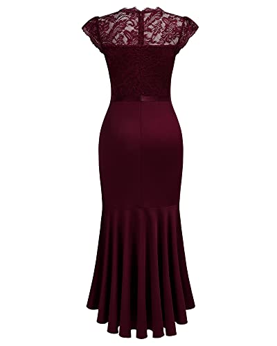 Miusol Women's Retro Floral Lace Ruffle Style Bridesmaid Party Maxi Dress (Medium, Burgundy)