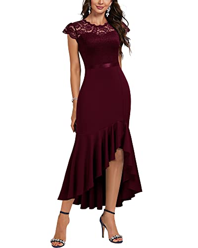 Miusol Women's Retro Floral Lace Ruffle Style Bridesmaid Party Maxi Dress (Medium, Burgundy)