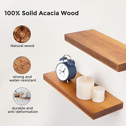 Fun Memories Floating Shelves 16 Inch Long Wall Mounted, Rustic Farmhouse Wooden Wall Shelf Set of 2, Solid Acacia Wood Floating Shelf for Bathroom, Kitchen, Living Room