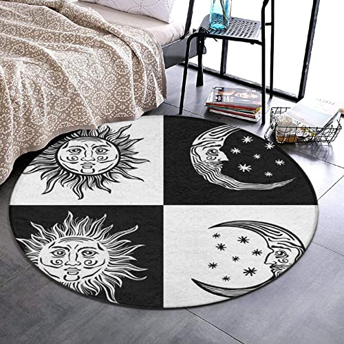 Comfortable Bedroom Living Room Decoration Sun and Moon Black and White Round Area Rugs Soft Flannel Mat Carpet, Fashion and Funny Play Mat with Non-Slip Bottom Protection, 24 Inches