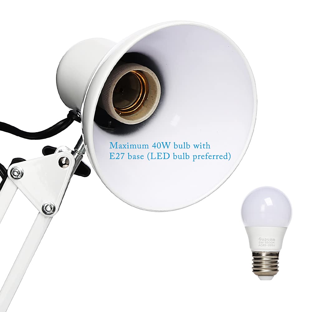 Gupuzm Led Desk Lamp with Clamp - Swing Arm Desk Lamp with 1 LED Cold Light Bulbs 6500K - Folding Table Lamp,Used for Office, Work, Study, Dormitory Reading and Eye Protection Desk Lamp (White-01)