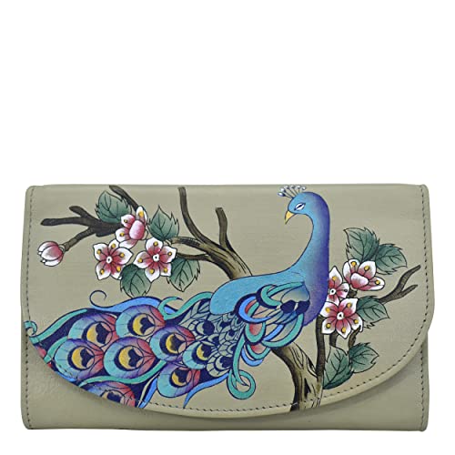 Anna by Anuschka Women's Geniune Leather Hand Painted Large Three Fold Checkbook Clutch Wallet - Peacock Bliss Taup