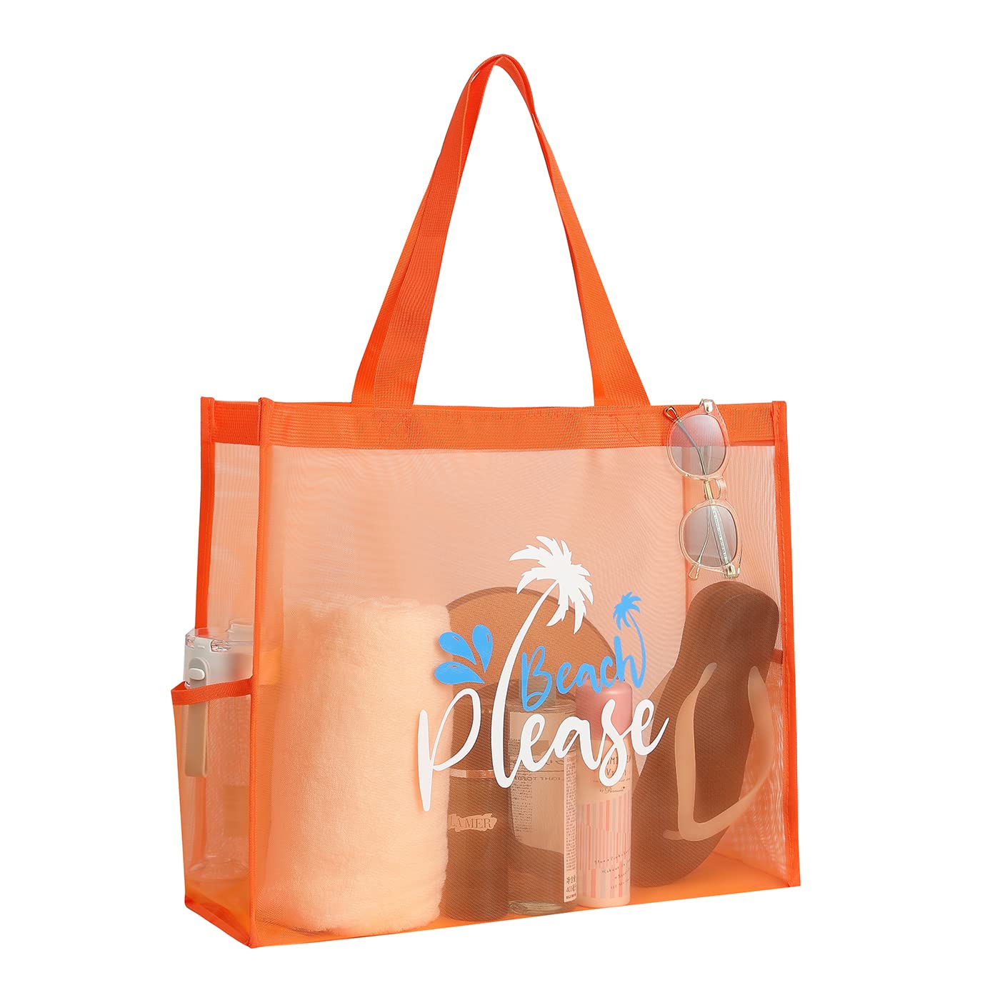 Mesh Beach Bag - Beach Bags Waterproof Sandproof, Extra Large Beach Tote Bag For Toys & Vacation Essentials (Orange Mesh Orange Handles)