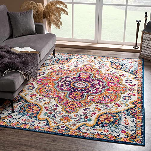 New Simsbury Oriental, Persian, Traditional Living Room, Bedroom Area Rug - Colorful Floral Medallion Carpet - Vintage Distressed - Orange, Red, Purple, Dark Blue - 6'7" x 9'