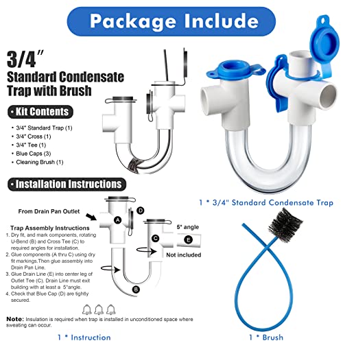 3/4 Inch Standard Condensate Trap with Cleaning Brush, PVC U Trap for HVAC Systems, Air Conditioner, Effectively Drains Condensate (1 Pack)
