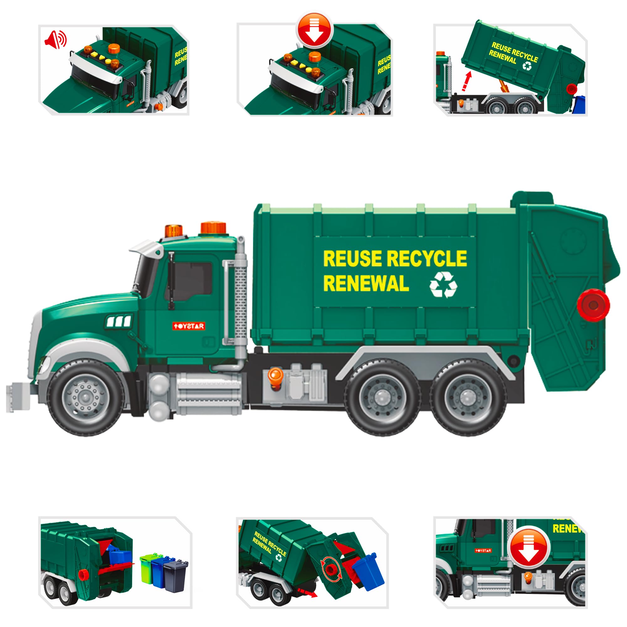 MOBIUS Toys Garbage Truck Toy – Recycling Vehicle for Boys with 3 Garbage Cans + 48 Flash Cards – Push & Go, Lights & Sounds – Multi-Functional Trash Truck w/Moving Parts for Ages 3-8
