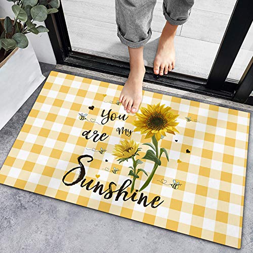 Indoor Doormat Absorbent Bath Rugs Entrance Non Slip Front Door Mat Sunflower Cartoon Bee on Yellow Buffalo Plaid Kitchen Carpets Pastoral Flower Blossom Floor Mats for Bathroom Bedroom 20x32inch
