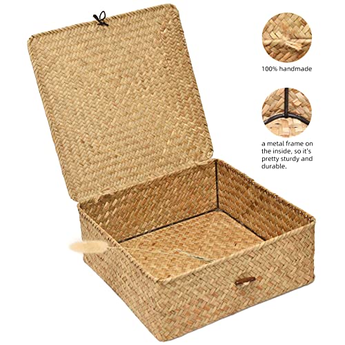 TICYACK Straw Storages Baskets With Lid, Hand-Woven of Seagrass Square Storage Bins, for Desktop Home Decoration (S/M/L)