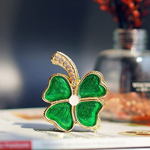 YU FENG Four Leaf Clover Trinket Boxes Hinged Jeweled Enameled Decorative Flower Jewelry Ring Holder Box Collectible