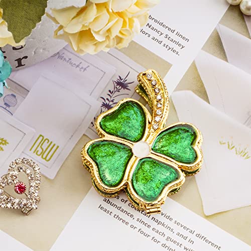 YU FENG Four Leaf Clover Trinket Boxes Hinged Jeweled Enameled Decorative Flower Jewelry Ring Holder Box Collectible