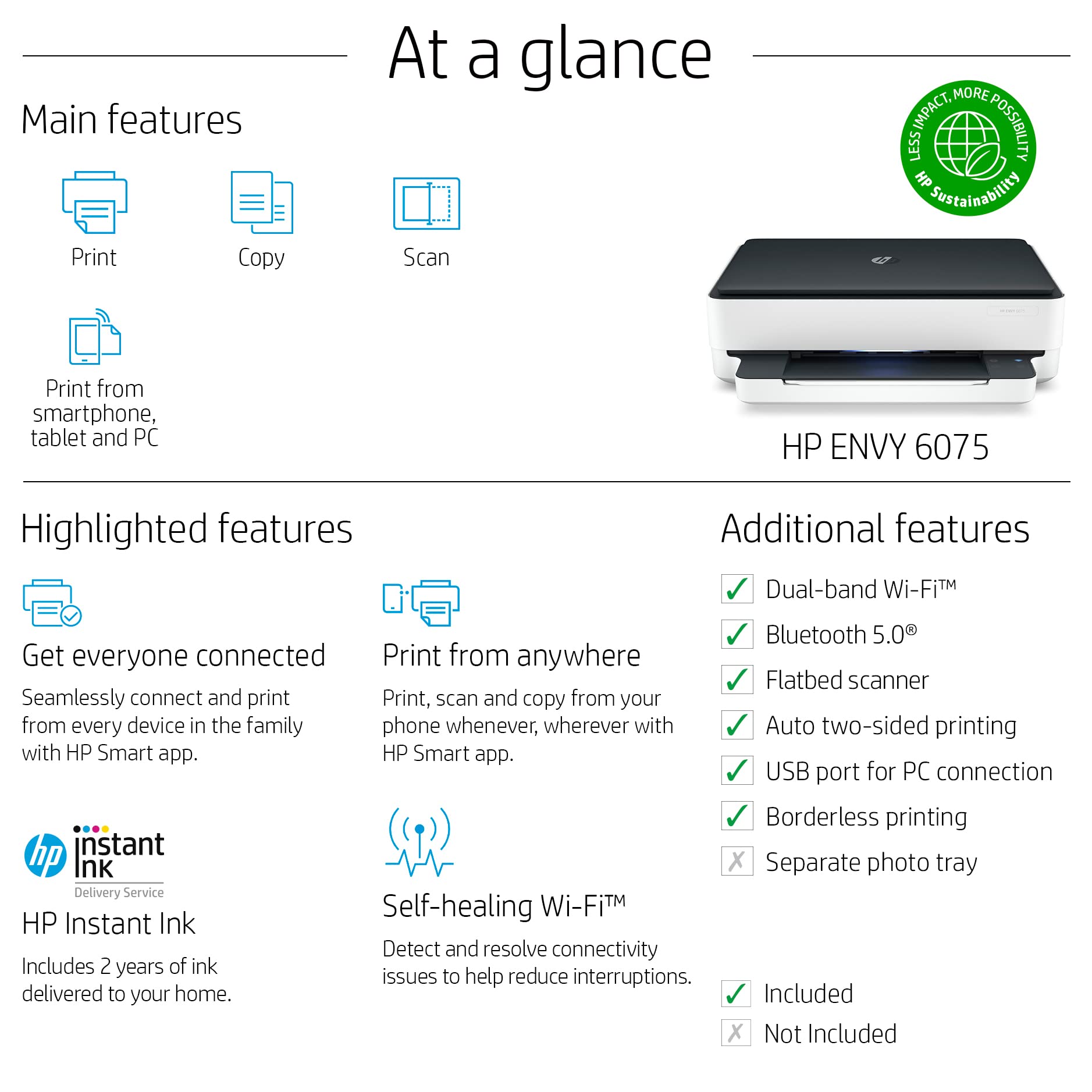 HP Envy 6075 Wireless All-in-One Color Inkjet Printer, White/Black - Print Scan Copy - 10 ppm, 4800 x 1200 dpi, Auto 2-Sided Printing, Borderless Printing, Bluetooth, USB